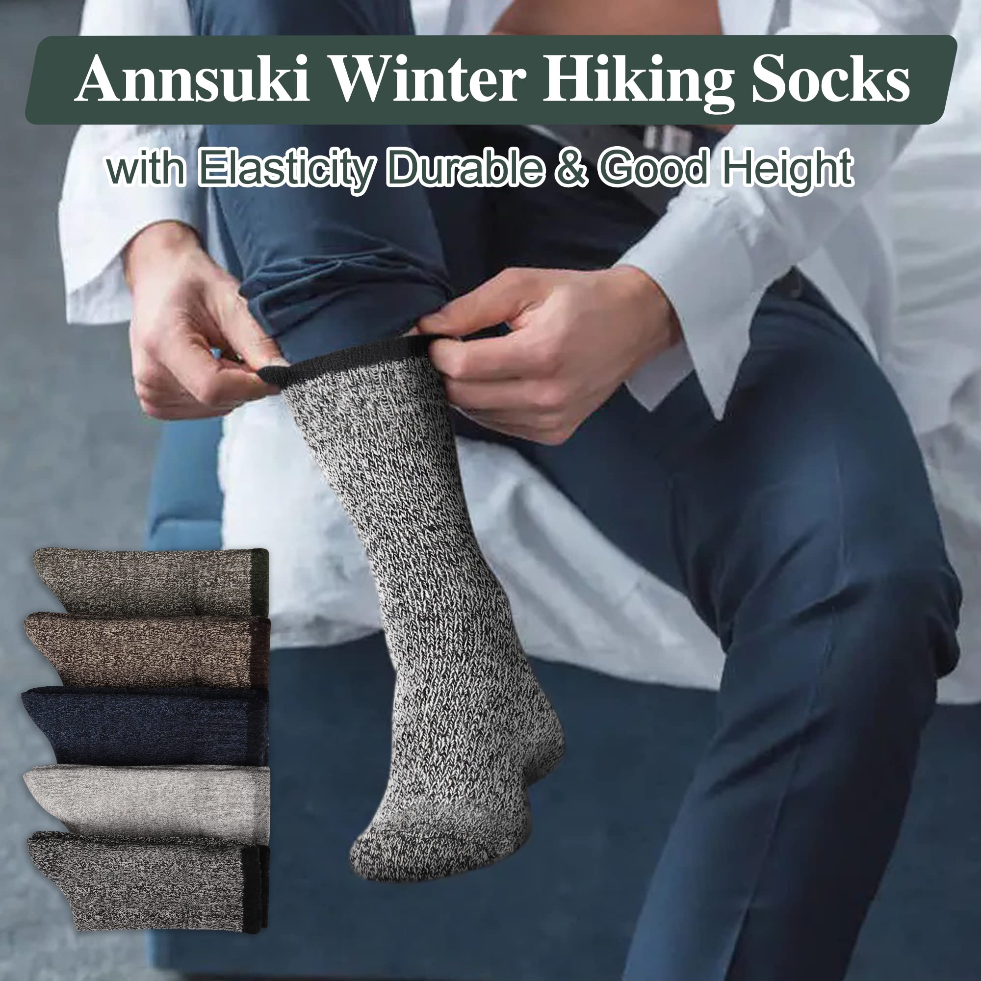 Annsuki Wool Hiking Socks Men, 5 Pack Warm Wool Sock Men Cold Weather for Running Camping Cycling, Winter Soft Thermal Boot Socks for Men Youth, One USA Size fits 6-12