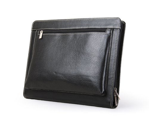 XIAOZHI Black Leather Portfolio with Notepad Space for 10.2-inch / 10.5-inch / 11-inch iPad, Padfolio Case Business Zippered Organizer Document Folder with Letter Size Notepad Holder