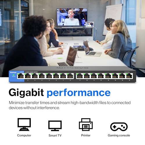 Linksys LGS116 16 Port Gigabit Unmanaged Network Switch - Home / Office Ethernet Switch Hub with Metal Housing - Wall Mount or Desktop Ethernet Splitter, Easy Plug & Play Connection