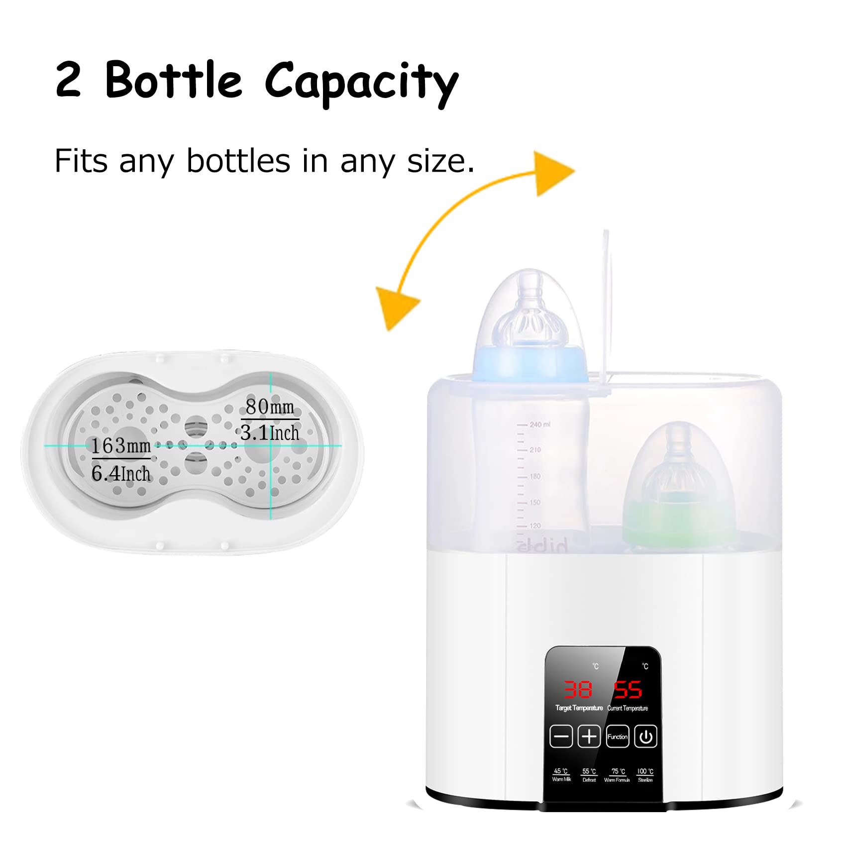 Baby Bottle Warmer, 4-in-1 Food Heater with Automatic Shut-Off / 2 Bottle Capacity BPA Free Milk Warmer with LCD Display for Breastmilk and Formula