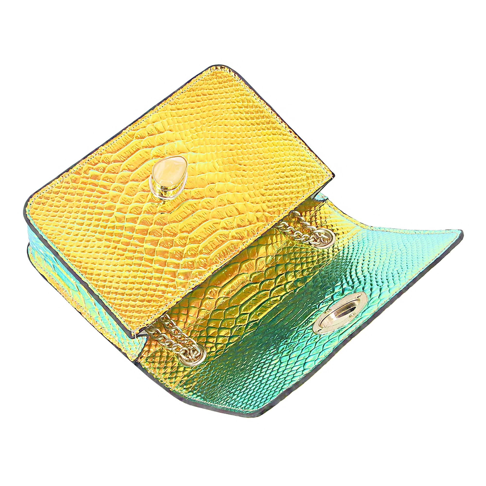 Gabrine Womens Evening Bag Holographic Snake Skin Leather Shoulder Bag Crossbody Bag with Detachable Chain, Yellow