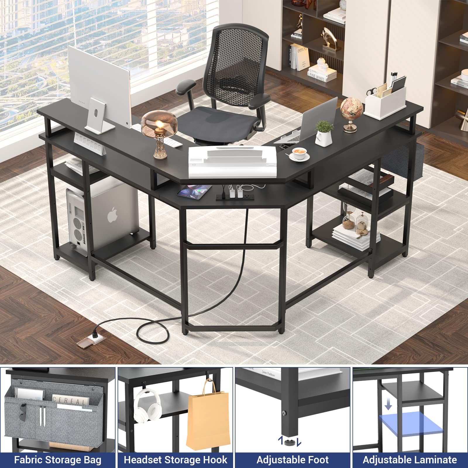Aheaplus L Shaped Gaming Desk with Power Outlets & LED Lights, L- Shaped Desk Computer Corner Desk with Monitor Stand and Storage Shelf, Home Office Desk Writing Desk with Storage Bag, Black