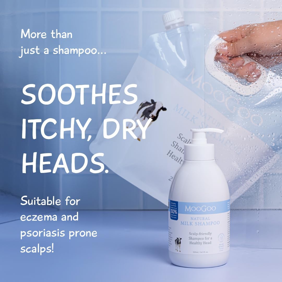 MooGoo Milk Shampoo – For Itchy, Dry, Eczema, Psoriasis & Dandruff Prone Scalps – SLS, Silicone, Sulfate & Paraben Free - Natural & Gentle Formula – 500ml / 16.9 fl.oz.