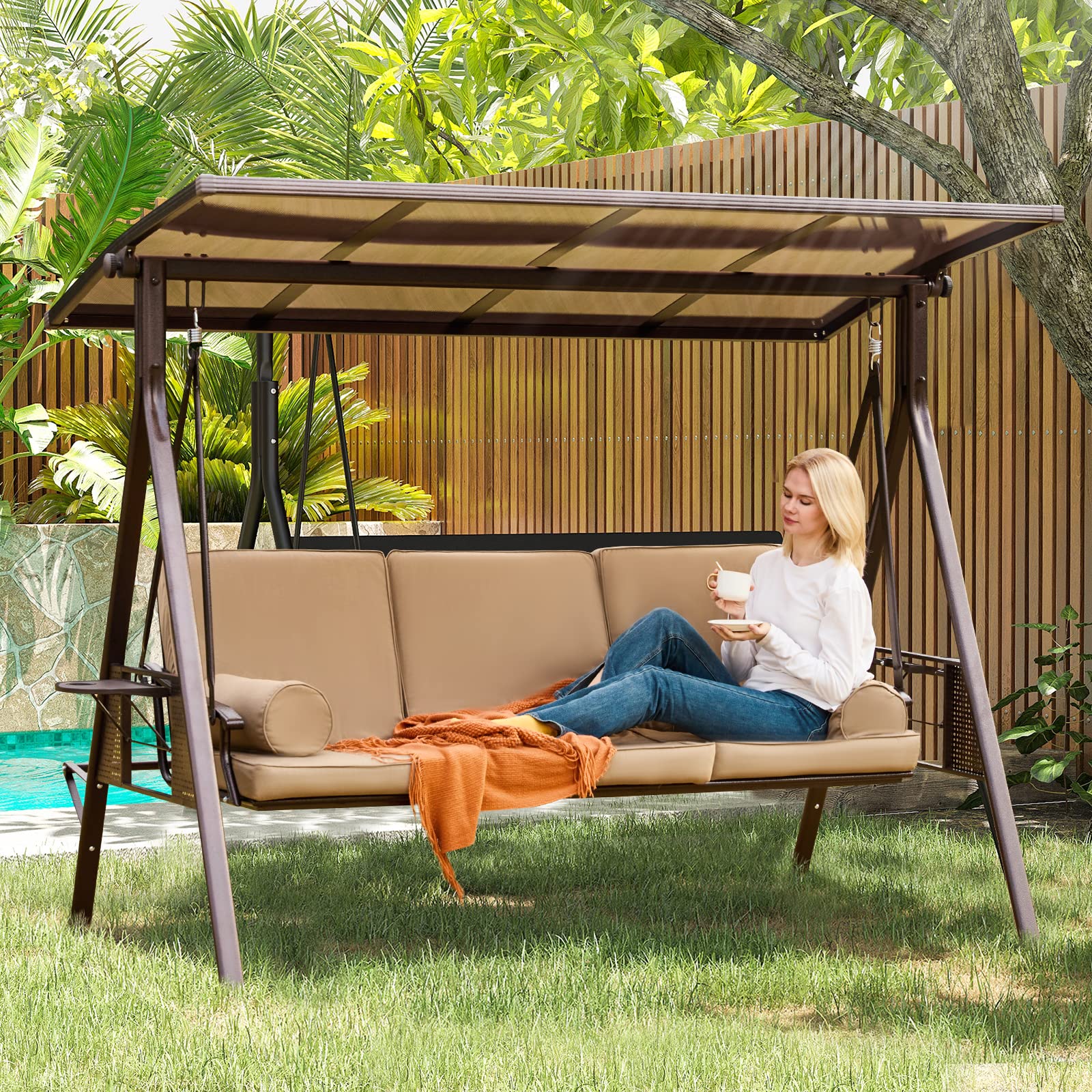 YOLENY 71in Outdoor Porch Swing with Hardtop, 3 Seat Patio Swing with 2 Side Cup Holder, Convertible Backrest Swing Bed with Cushion, 2 Pillows for Front, Porch, Lawn