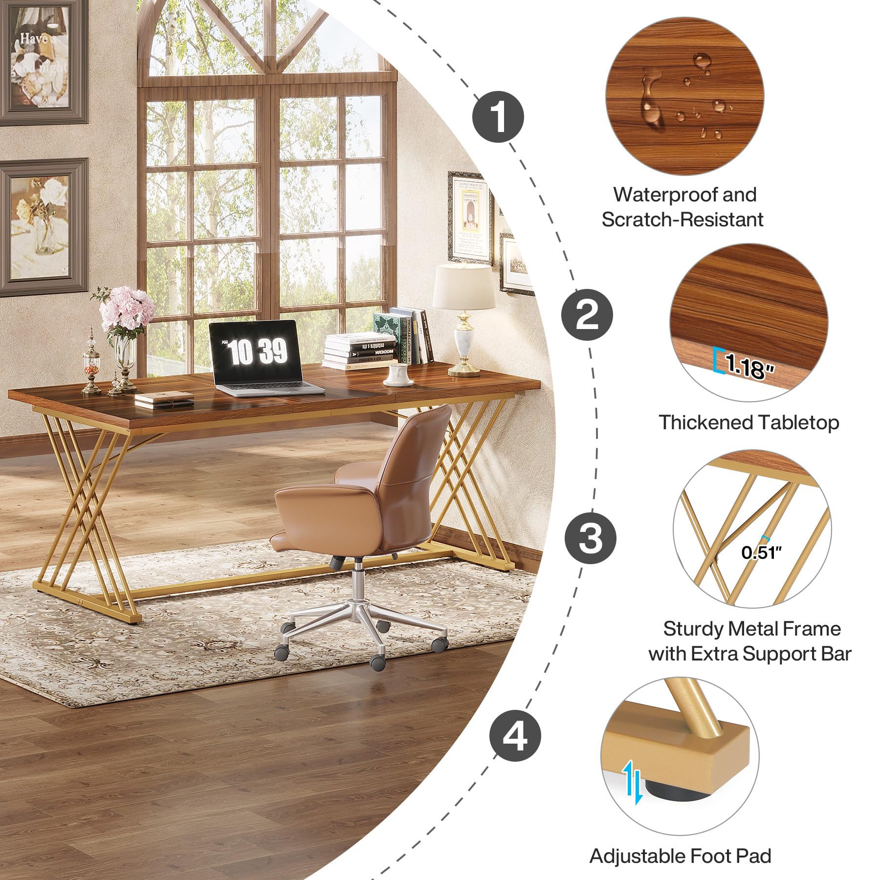 Tribesigns 63" x 31.5" Large Computer Desk, Modern Wood Home Office Desk, Computer Table Executive Desk, Study Writing Table Workstation for Living Room Bedroom Office, Brown + Gold Metal Frame