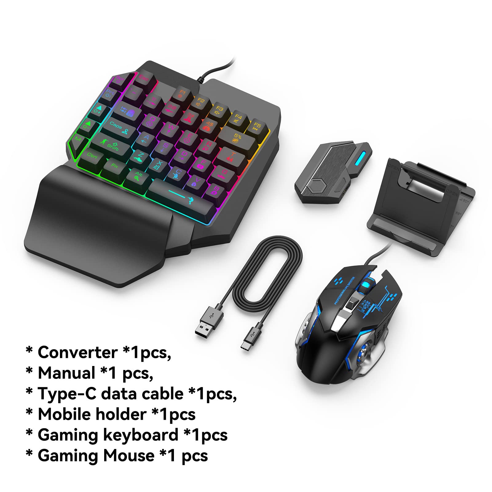 Zyyini Gaming Keyboard Mouse Holder,Converter with Fast Charge Interface, Support 5V/2A Output, RGB Gradient USB One Handed for Android, for OS Below 13.4(Mix SE Automatic Pressure Gun Set)