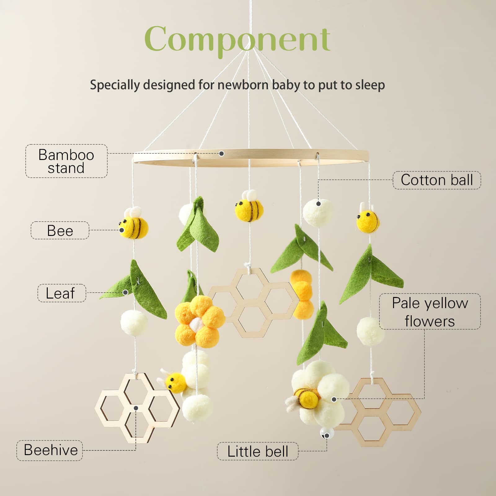 Baby Crib Mobile for Boys Girls/Bees Nursery Mobile/Nursery Cot Mobile/Gender Neutral Felt Ball Mobile/Ceiling Mobile