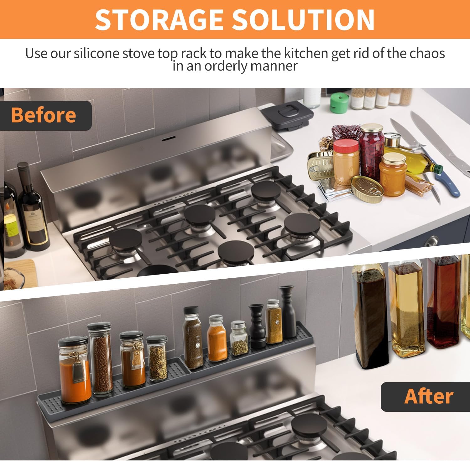 BFONS 30" Magnetic Stove Top Shelf Spice Rack Storage, Silicone Top Heat Material Stove Rack Shelf Flexible Seasoning Organizer Kitchen Shelves Gadgets with 2 Functional Prtitions for Kitchen (Grey)