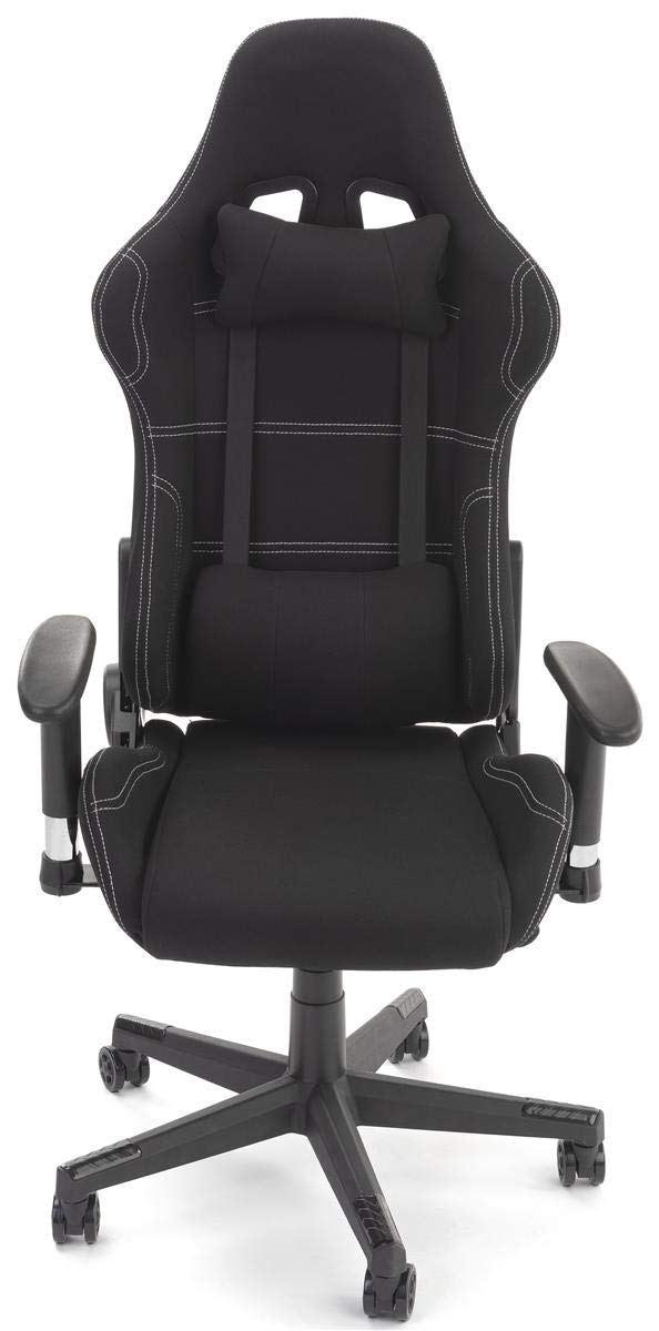 Displays2go Racing Style Gaming Chair for Office and Home Desk, Ergonomic Adjustments and Lumbar Support Pillow, Fabric Seat - Black (FDGAMECHGY)
