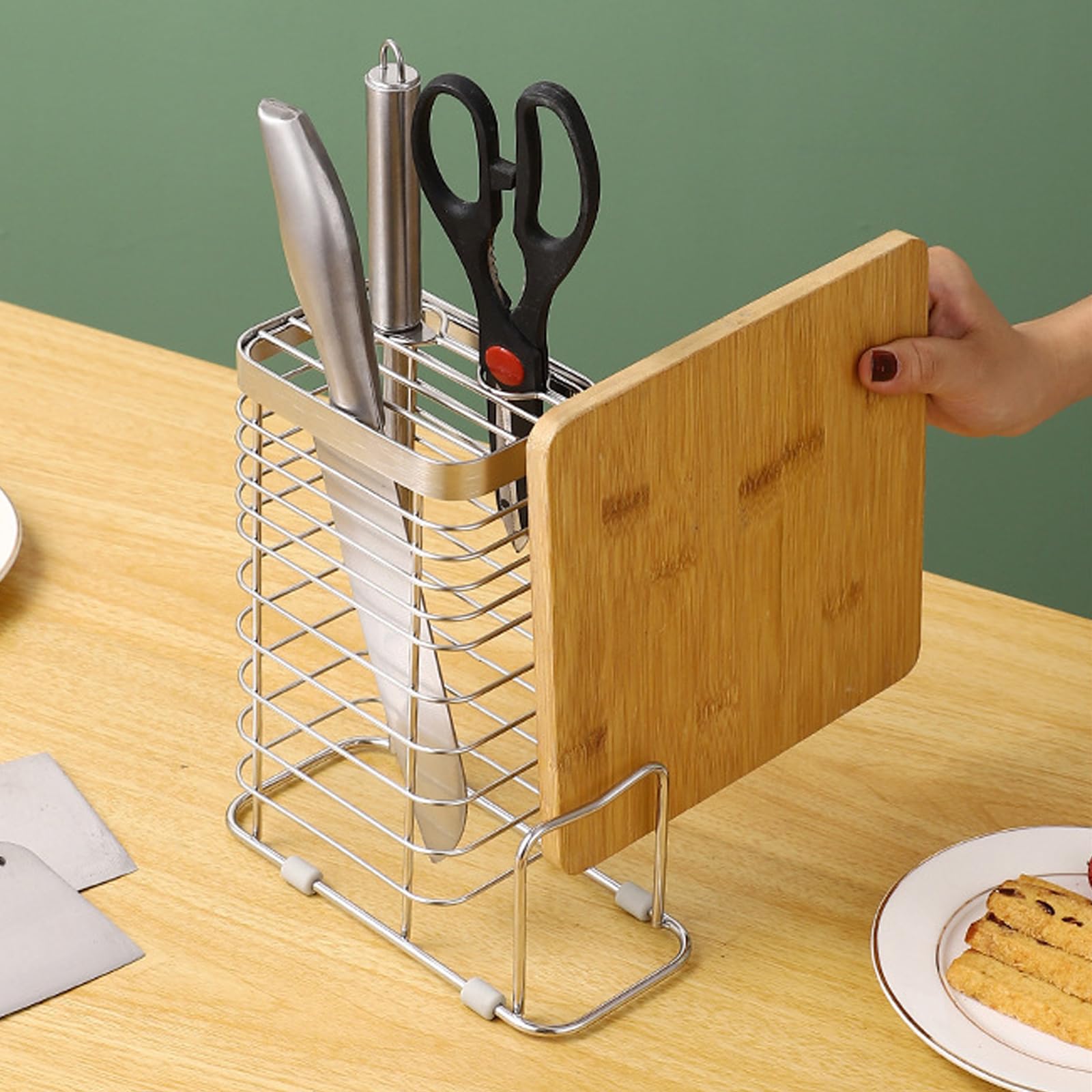 Hemoton Stainless Steel Knife and Cutting Board Stand, Knife Block Holder, Kitchen Knife Holder Storage Organizer, Kitchen Utensils Holder, Cutting Board Rack, Pot Pan Lid Holder for Counter, Cabinet