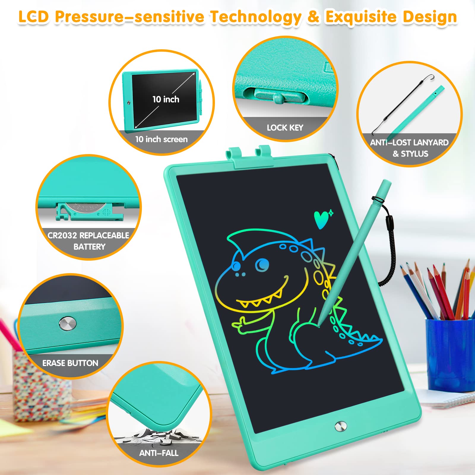 Anpow LCD Writing Tablet for Kids : 10 Inch Drawing Doddle Board Digital Writing Pad Erasable Kids Drawing Tablet Drawing Board for Toddlers Educational Learning Toy for 3-6 Years Old Birthday Gifts