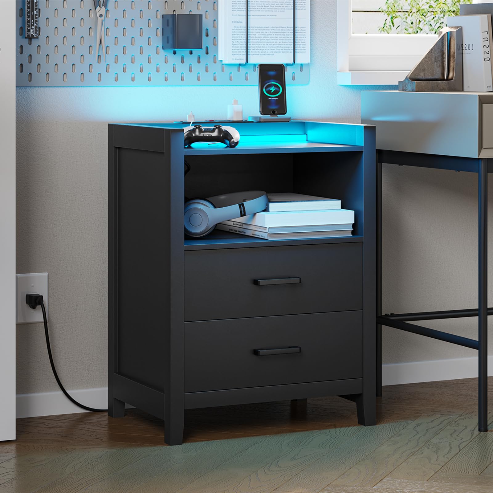 EPHEX LED Nightstands Set of 2, Black Night Stand with Charging Station and 2 Drawers, Wood End Side Table with USB Ports, Bedside Table for Bedroom