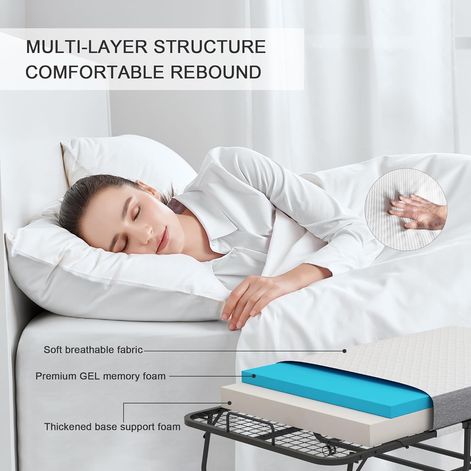 Espsilto Folding Bed with Mattress, Portable Bed for Guest, Foldable Bed with Memory Foam Mattress, Twin Size 75" x 38" Rollaway Bed with Metal Frame for Adults