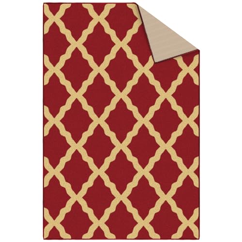 Machine Washable Trellis Design Non-Slip Rubberback 3x5 Traditional Area Rug for Living Room, Bedroom, Kitchen, 3'3 x 4'11", Red
