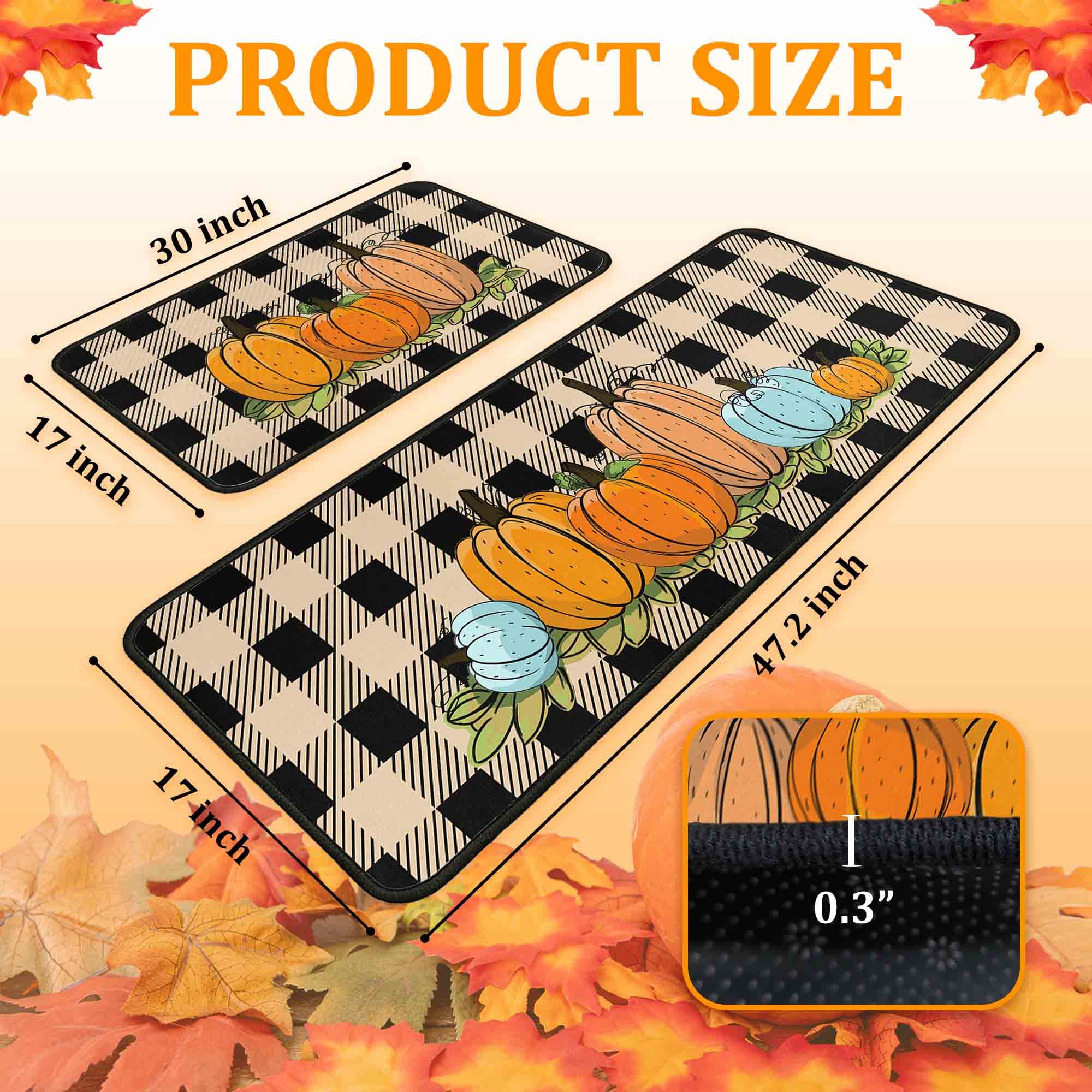 Buffalo Plaid Pumpkin Fall Decorative Kitchen Rugs Set of 2,Non Skid Washable, Home Seasonal Fall Holiday Party Autumn Harvest Thanksgiving Kitchen Mat 17"x47"+17"x30"
