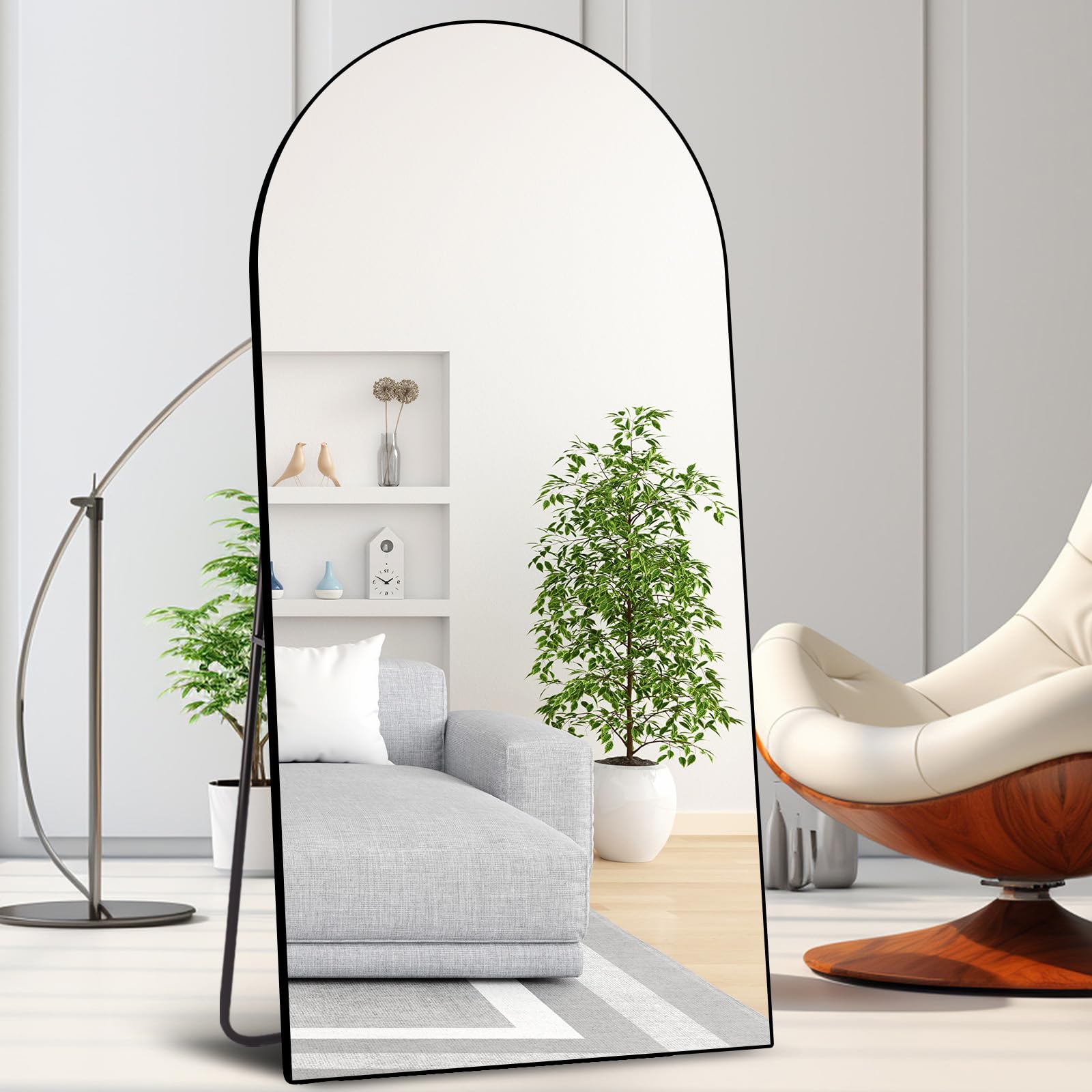 ABSWHLM 71"x32" Mirror Full Length Arched Floor Mirror with Stand Aluminum Alloy Frame Large Mirror for Living Room, Bedroom Hanging Standing or Leaning Wall-Mounted, Black