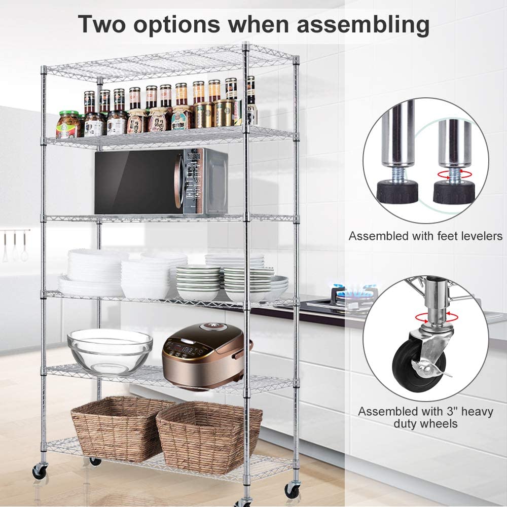 NiamVelo Storage Shelves Heavy Duty 6 Tier Wire Shelving Unit with Wheels Adjustable NSF Metal Wire Shelf 48" L×18" W×82" H Garage Shelves 2100 Lbs Weight Capacity Multifunctional Storage Rack, Chrome