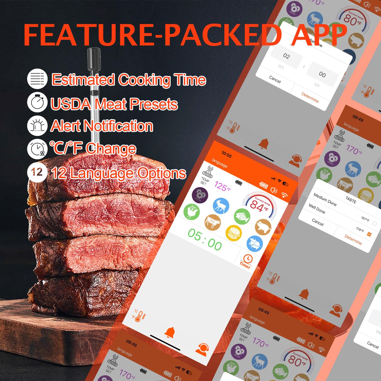 BHY Wireless Meat Thermometer - Smart Digital Cooking Thermometer with 500Ft Remote Range Wireless Probe, Food Thermometer for BBQ Oven Grill, with iOS & Android App, LCD Ddisplay