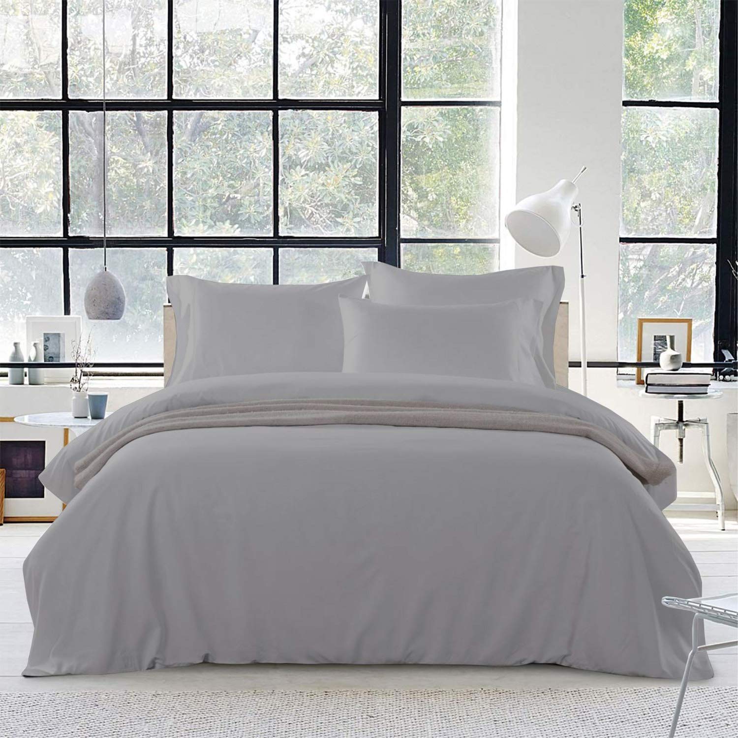 California Cotton Club 600 Thread Soft 1 Piece Duvet and 2 Piece Pillowcases Set - Breathable Pure Cotton Silky Satin Comforter Duvet Set with Button Closure for Luxury Bedding (Light Grey, Queen)