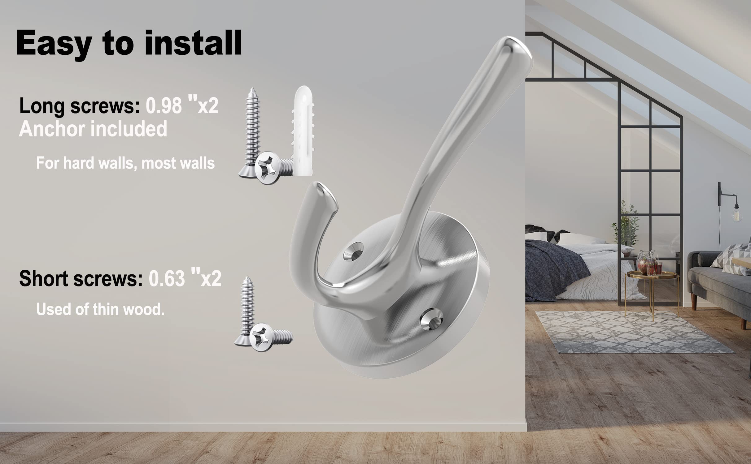 TOFIIGREM Brushed Nickel Wall Hooks Towel Hooks, 2 Pack Coat Robe Hook Heavy Duty Bathroom Double Hook Wall Mounted, Hand Towel Hooks for Closet Entryway Cubicle Kitchen