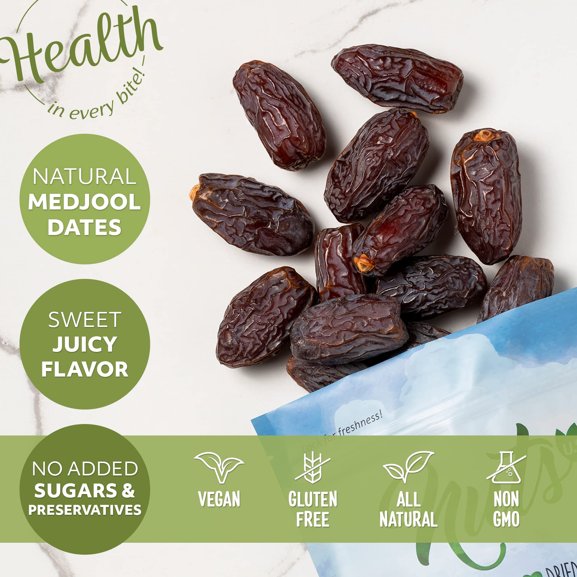 NUTS U.S. - Natural Medjool Dates | Grown In California Desert | Juicy and Sweet | No Added Sugar and Preservatives | Chewy Texture and No Ugly Dates | All Natural Dates!!! (2 LBS)