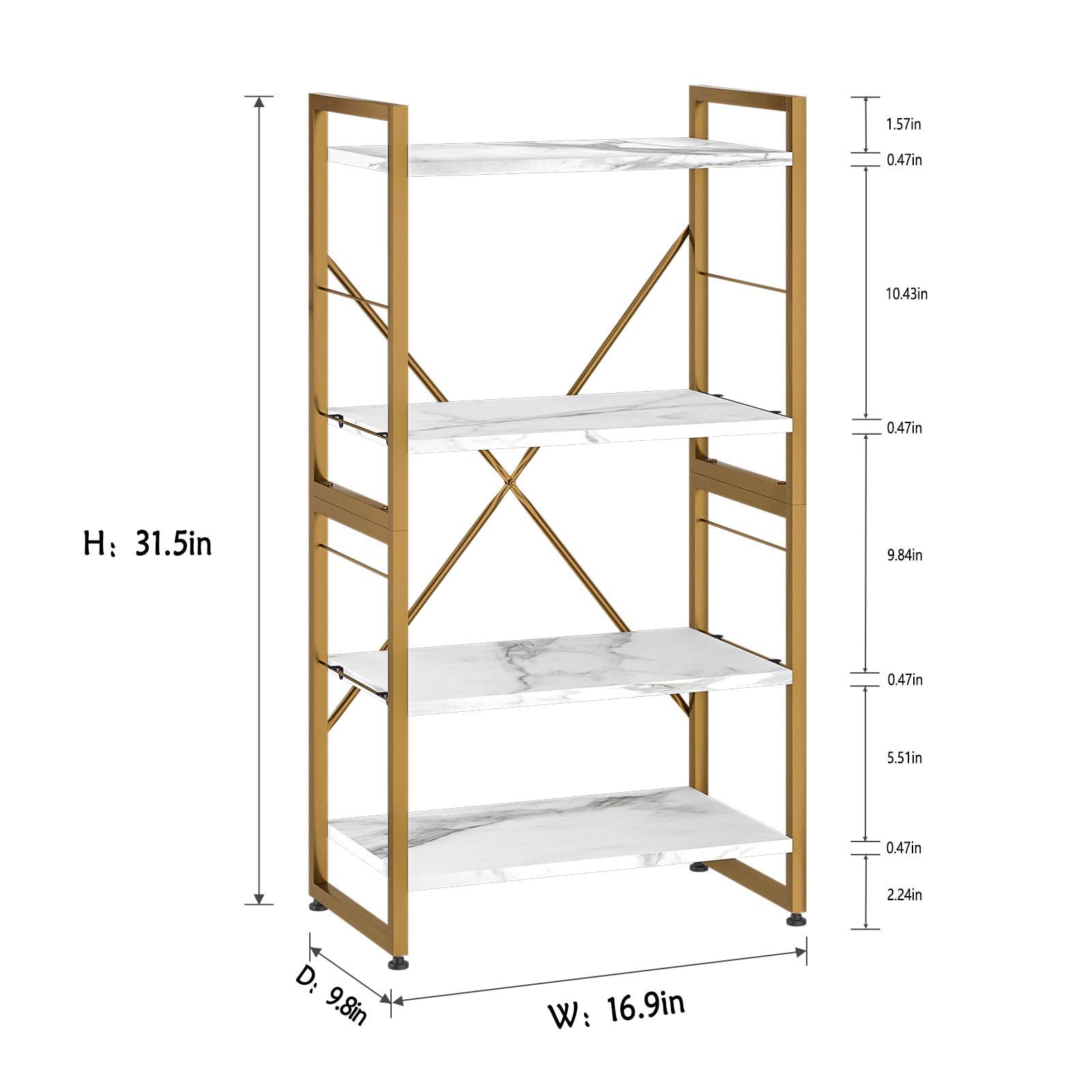 Azheruol 4 Tiers Bookshelf Adjustable White Faux Marble Organizer, Modern Small Bookcase for Small Space,Industrial Wooden Storage Display Rack and Storage Organizer for Living Room Home Office(Glod)