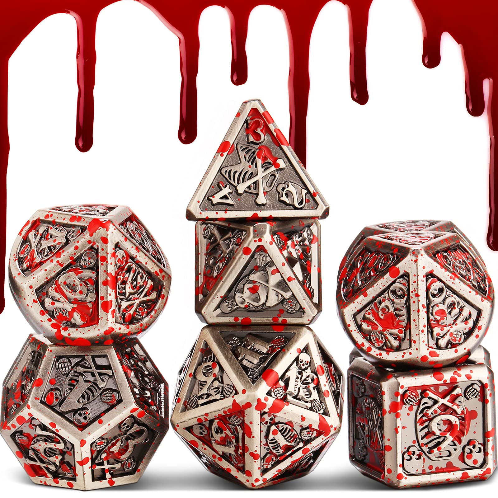 Halloween Dice Set Bloodstained Metal Polyhedral Gaming Dice Set Engraved Skeleton Dice for Tabletop Role Playing Games Dungeons and Dragons
