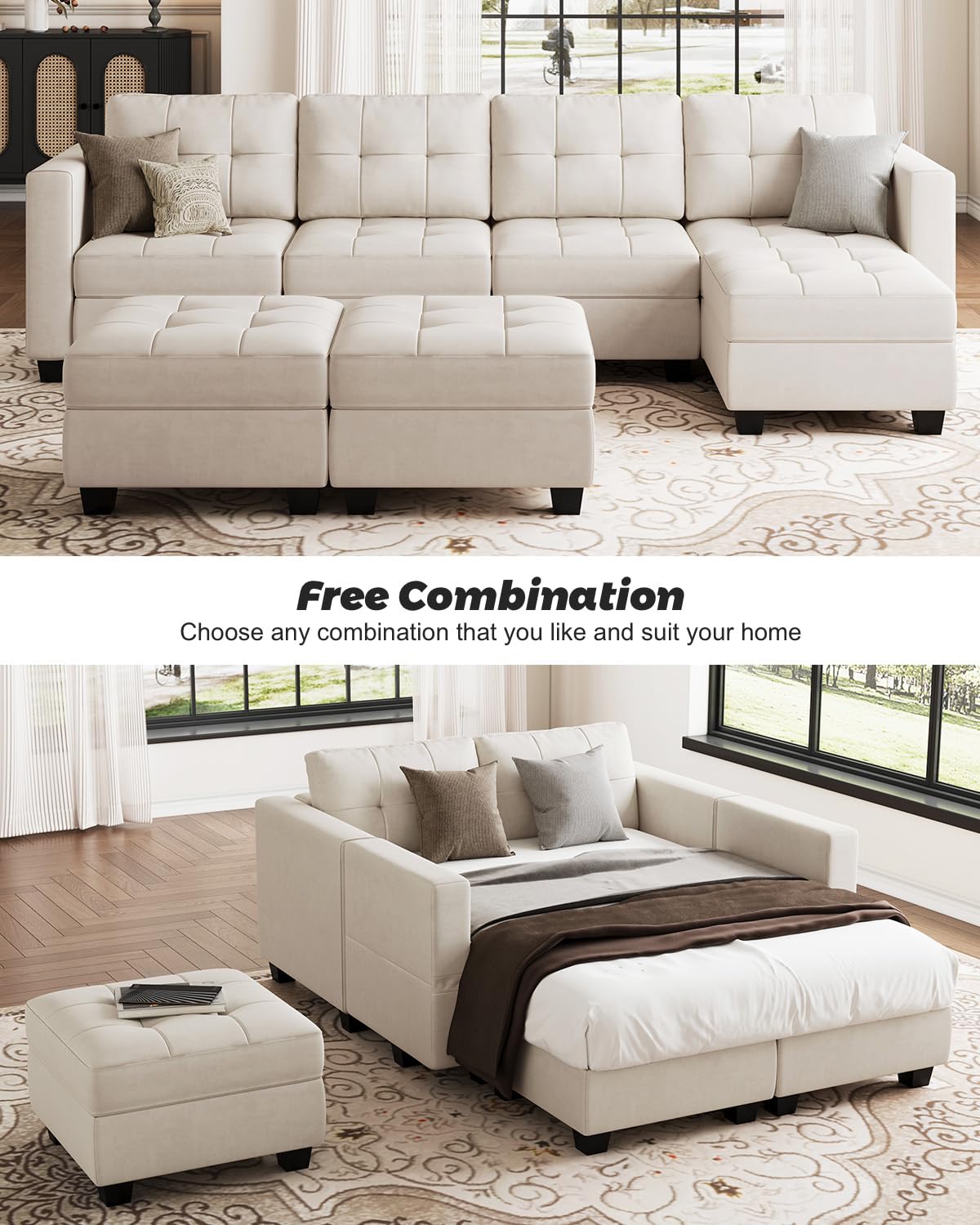 Belffin Modern U-Shaped Modular Sectional Sofa with Storage Seats, 7 Seats Sleeper Couch with Reversible Chaise, Velvet Modular Oversized Sectional with Ottomans, Beige
