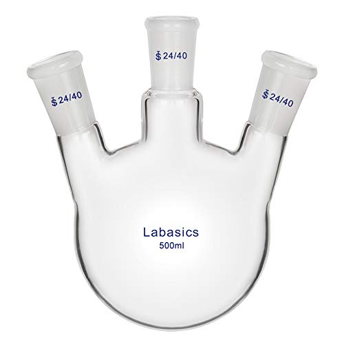 Labasics Glass 500ml 3 Neck Round Bottom Flask RBF, with 24/40 Center and Side Standard Taper Outer Joint, 500ml