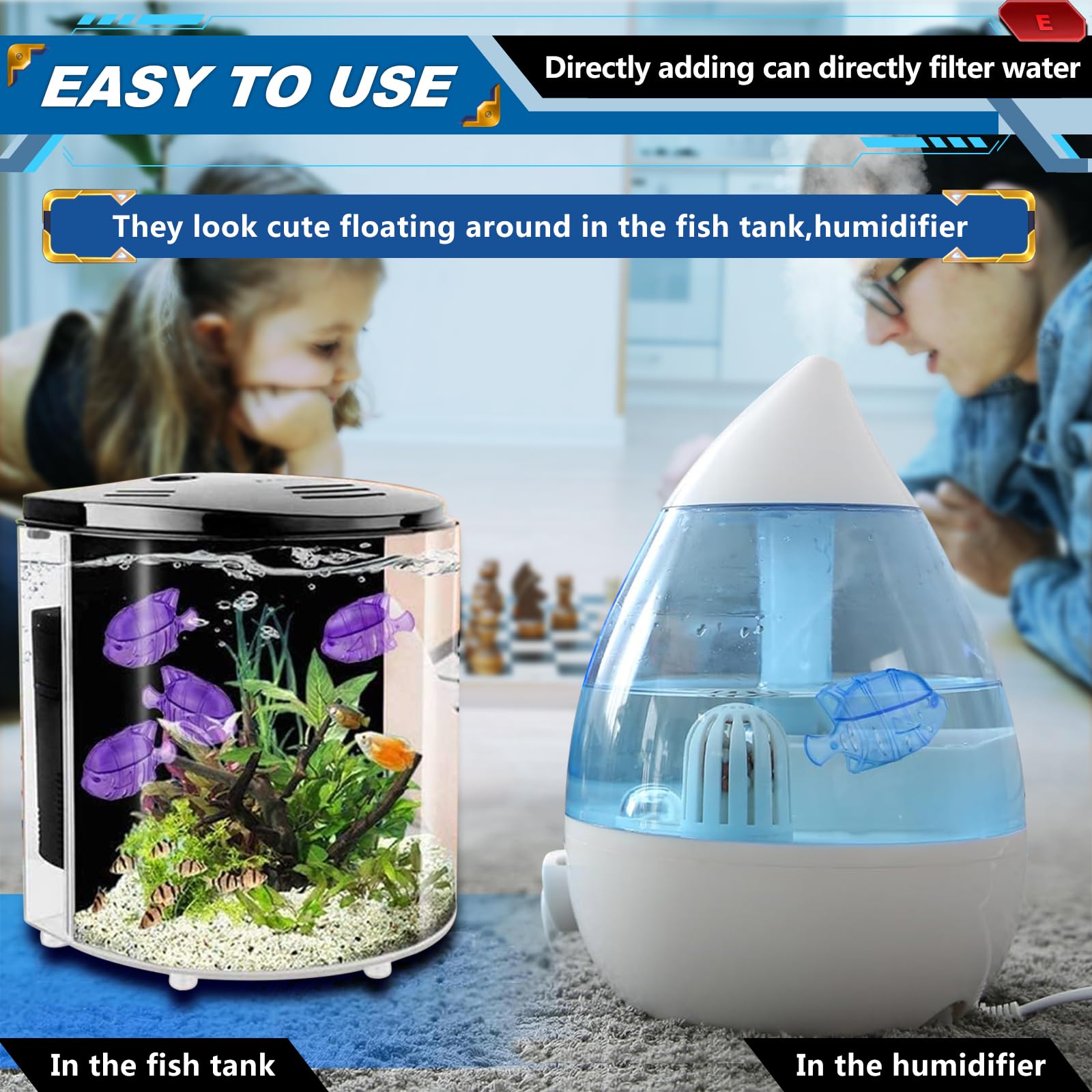 Aziliogcc 10Pack Fish Shape Universal Humidifier Tank Cleaner Filter, Warm & Cool Mist Humidifiers, Fish Tank,Compatible with Drop, Droplet, Adorable,1.57"" x2.5"" (5 Purple,5 Blue)