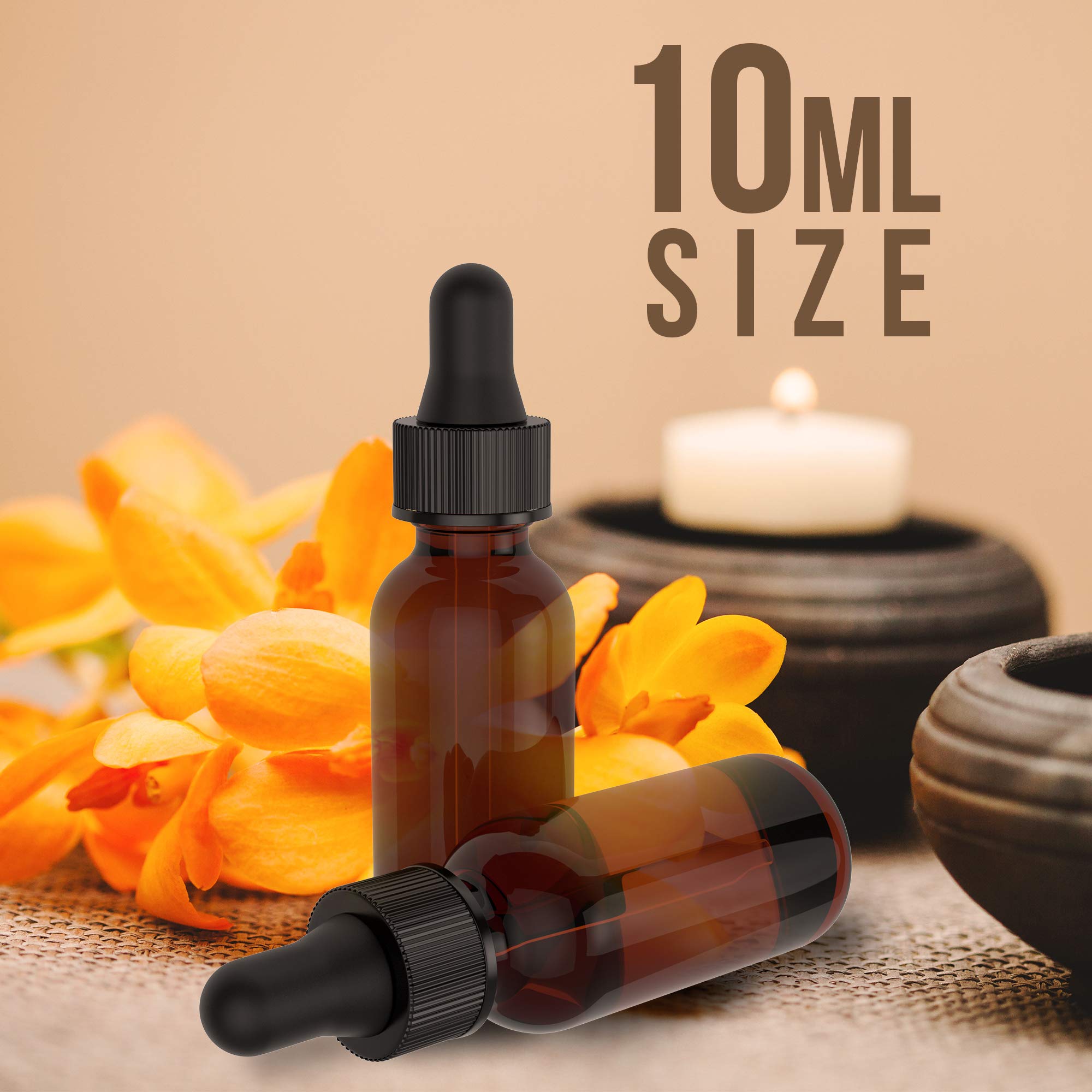 Nylea 4 Pack Essential Oil Bottles - Round Boston Empty Refillable Amber Bottle with Glass Dropper [ Free Stainless Steel Funnel ] for Liquid Aromatherapy Fragrance Lot - (1/3 oz) 10ml