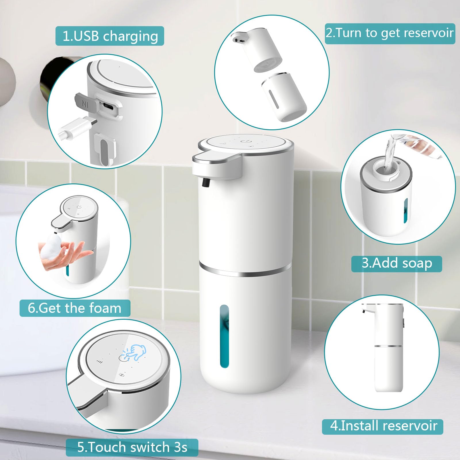 Automatic Soap Dispenser – Touchless Foaming Soap Dispenser 400ml USB Rechargeable Dispenser Electric Wall Mounted 4levels Adjustable Foam Soap Dispenser Pump for Bathroom Kitchen Dish Soap
