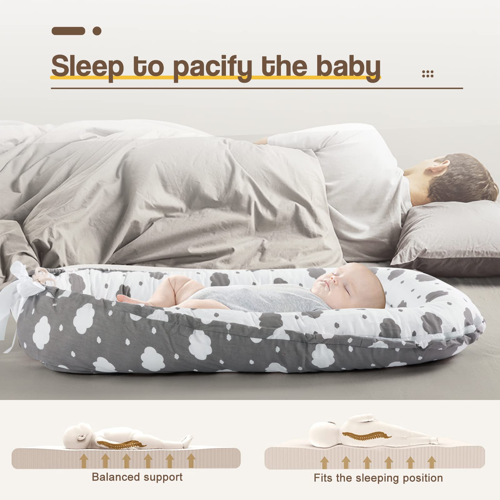 Baby Lounger Baby Nest Co Sleeping 100% Cotton Breathable Cover Sleeping Bed Cover for Newborn Nest Co Sleeping Bed Machine Washable,Grey Cloud