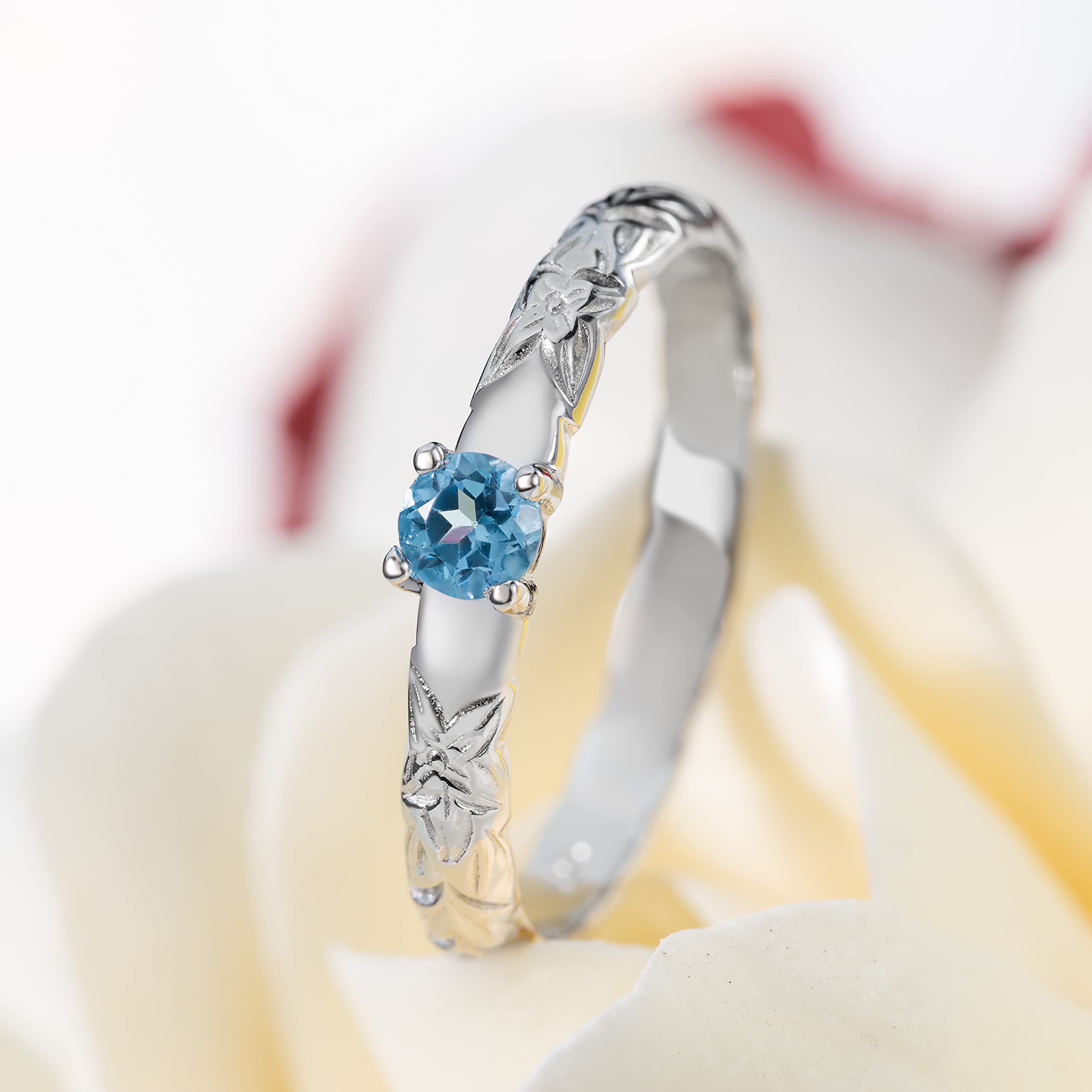 Aloha Jewelry Company Sterling Silver Hawaiian Blue Topaz Princess Plumeria Flower Scroll Ring Stackable Wedding Band, Sizes 5-10 (9)