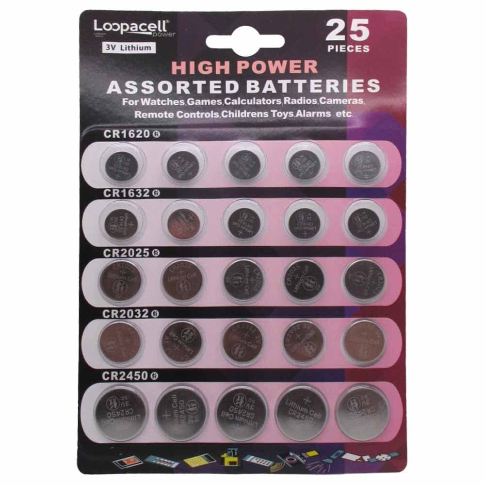 Loopacell High Power Button Cell 3V Lithium Assorted Battery CR2032 CR2025 CR2450 CR1620 CR1632, 25 Piece Set