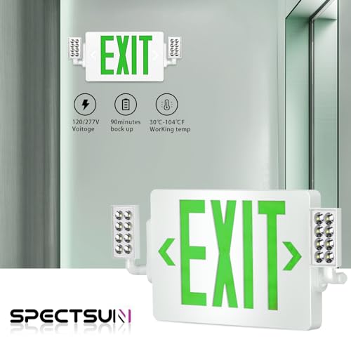Spectsun 1 Pack Exit Signs with Emergency Lights,120-277VAC -LED Combo Emergency Light with Backup Battery-Double Face UL Listed Green Letter Exit Sign Lighting-Hard Wired-Fire Resistant