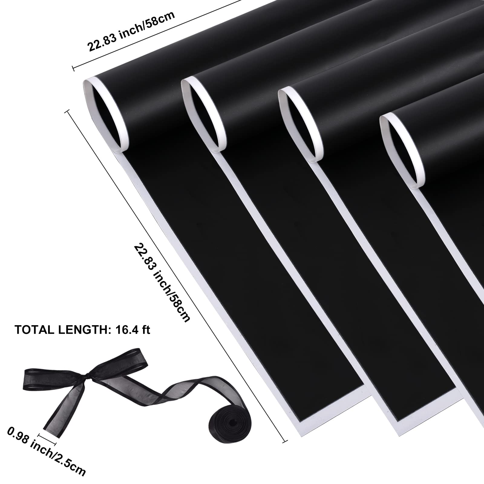 Kosotody 20 Sheets Waterproof Floral Wrapping Paper,Florist Bouquet Packaging Paper with Ribbon, 22.8x22.8 inch (White Edge Black)