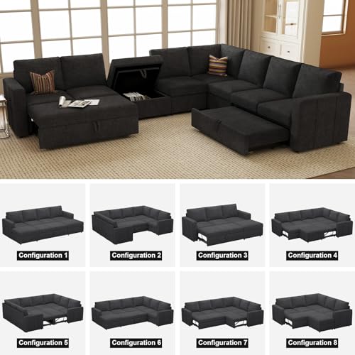 Belffin Modular Sectional Sleeper Sofa with Pull Out Couch, U Shaped Sleeper Pull Out Bed, Convertible Sectional Couches for Living Room, Dark Grey