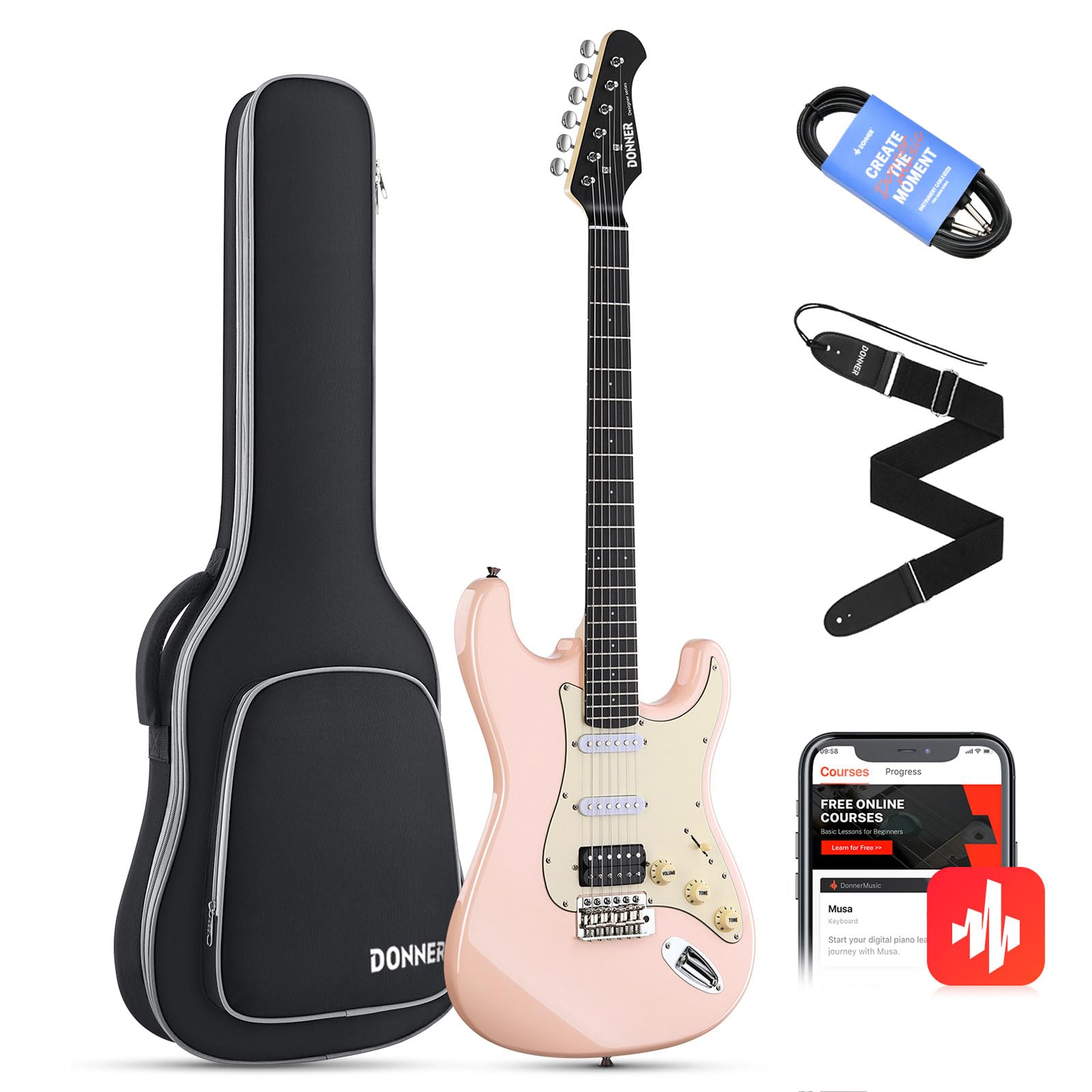 Donner 39 Inch Electric Guitar, Designer Series DST-200 Stylish Solid Body Electric Guitar for Beginner Intermediate & Pro Players, Single Coil Split System, Bonus Bag, Cable, Strap Blossom Pink