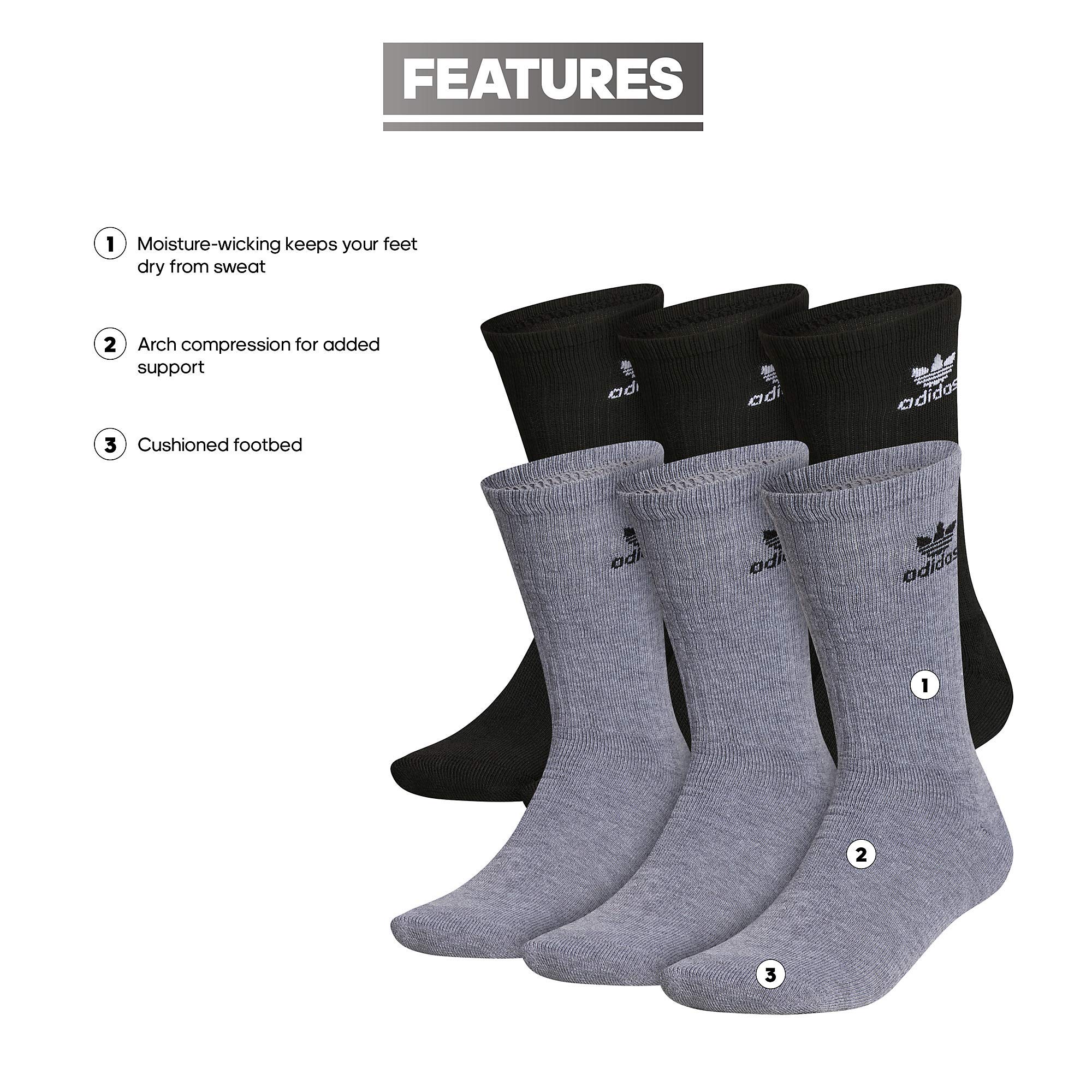 adidas Originals unisex adult Trefoil (6-pair) Crew Sock, Heather Grey/Black/White, Medium US