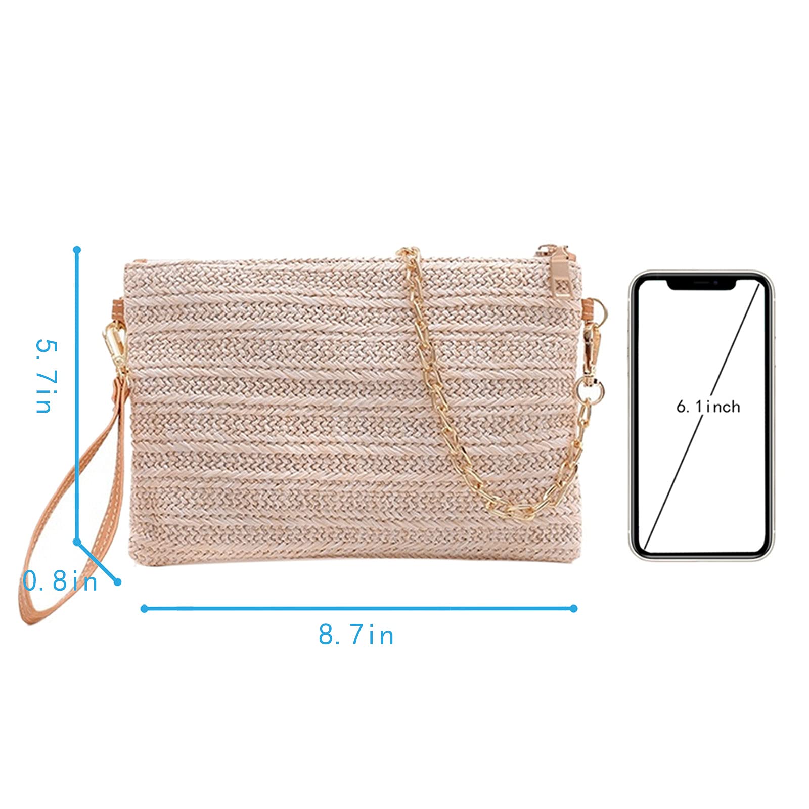 ZLM BAG US Natural Straw Boho Purse Zipper Wristlet Handbag Handmade Straw Crossbody Shoulder Bag