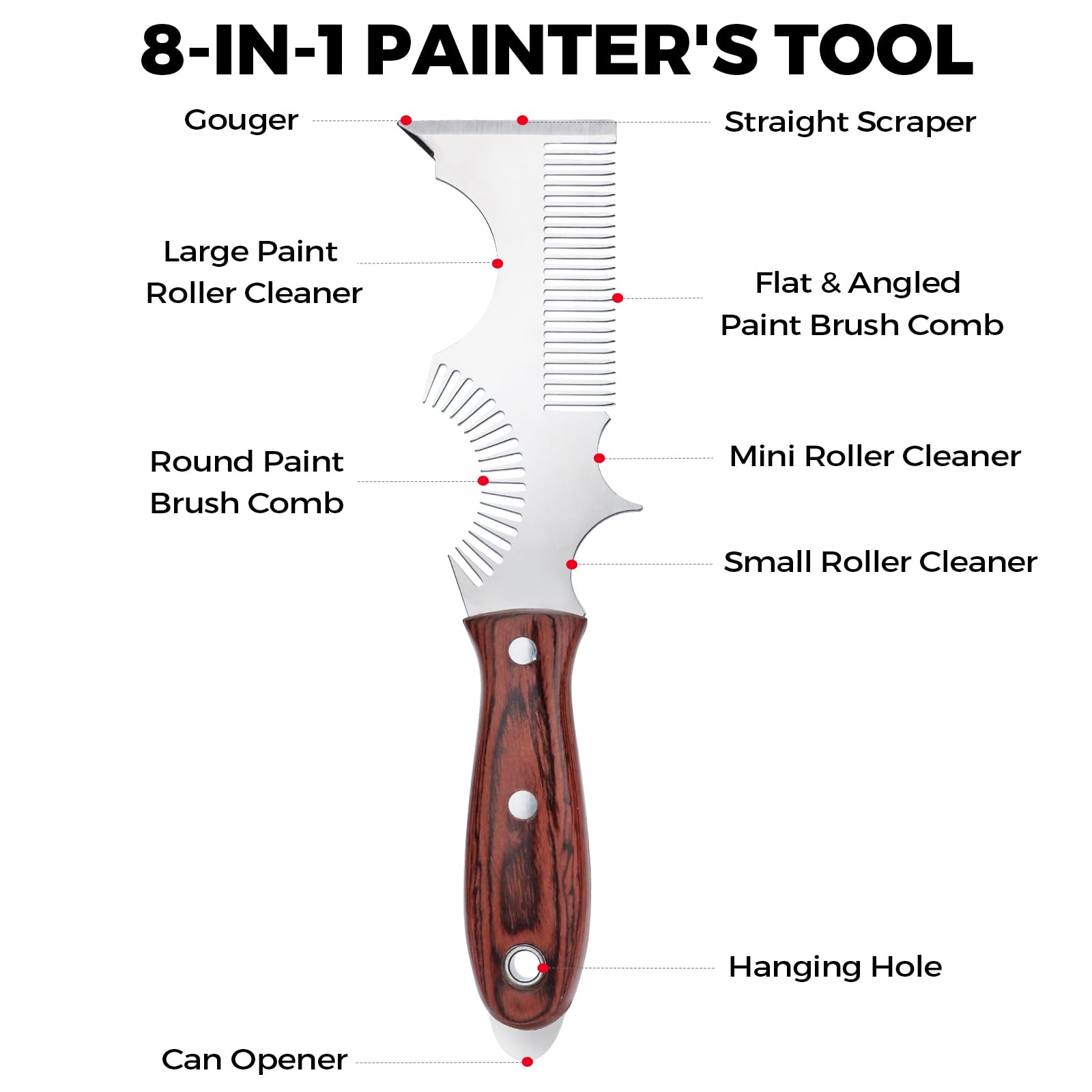 PinStone 8-In-1 Painters Tool, Paint Brush Comb, Paint Roller Cleaner Tool, Stainless Steel Paint Scraper, Putty Knife, Paint Can Opener, Metal Paint Brush Comb and Roller Cleaning Tool