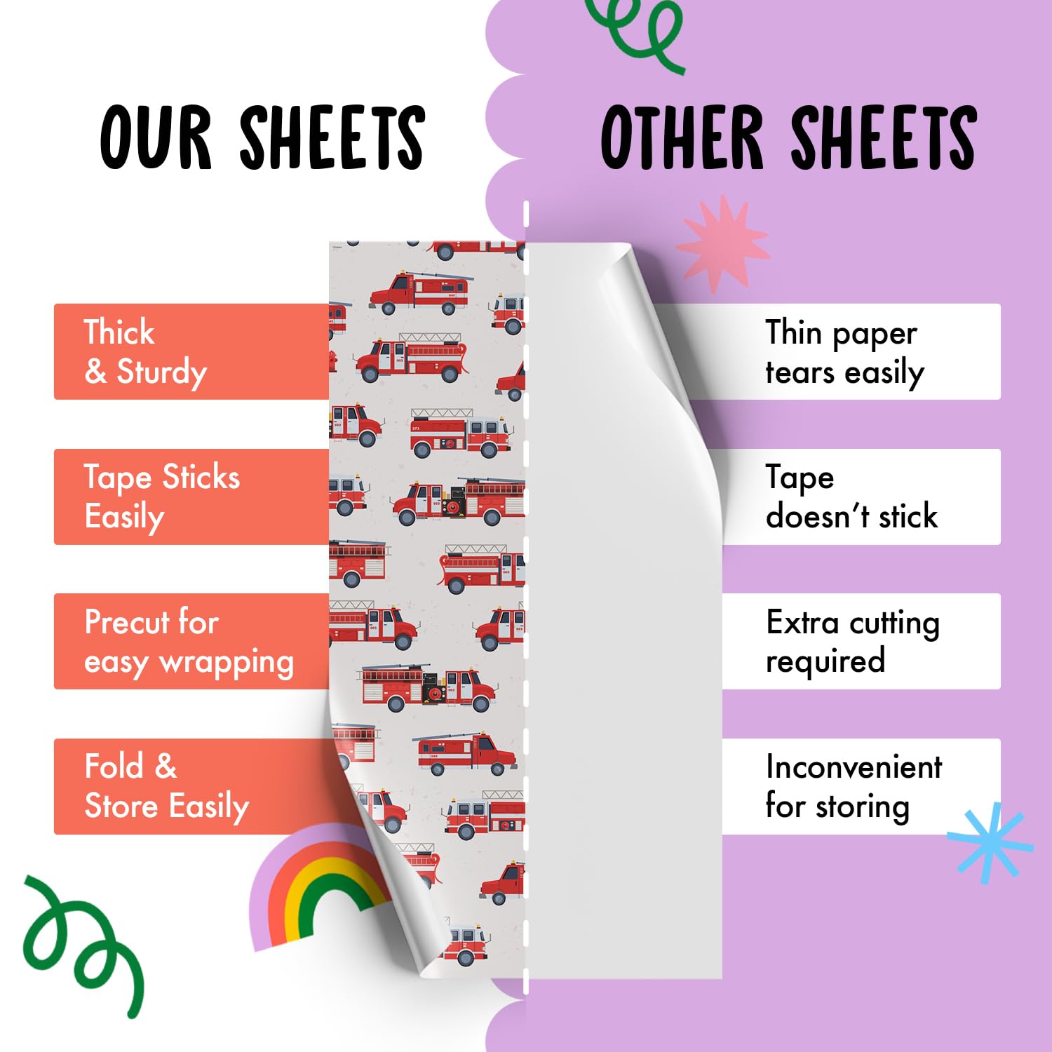 CENTRAL 23 Wrapping Paper For Boys - 6 Sheets Of Fun Birthday Gift Wrap - Fire Engine - Truck - Kids Wrapping Paper - Comes With Cute Stickers - Recyclable Christmas Wrapping Paper - Red White