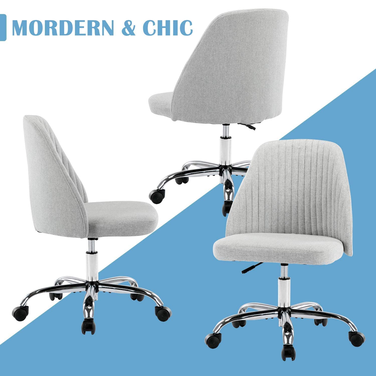 Home Office Chair, Mid-Back Armless Twill Fabric Adjustable Swivel Task Chair for Small Space, Living Room, Make-up, Studying