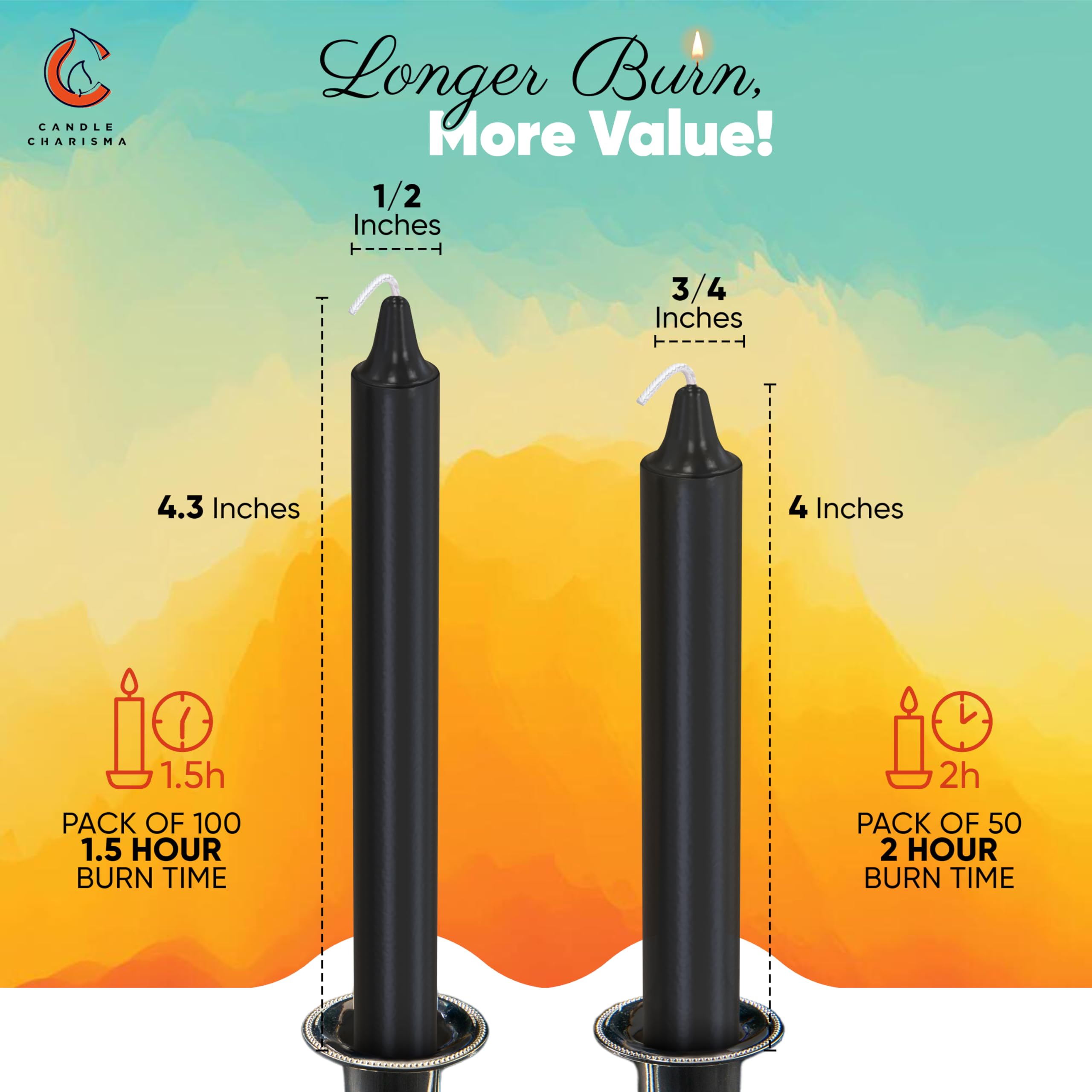 Candle Charisma 100 Black Spell Candles - 4" Unscented Paraffin Chime Candles, Smokeless & Dripless, Colored Candles, 1.5 Hours Burn Time 0.4" Thick Taper Candles for Rituals, Witchcraft and Parties