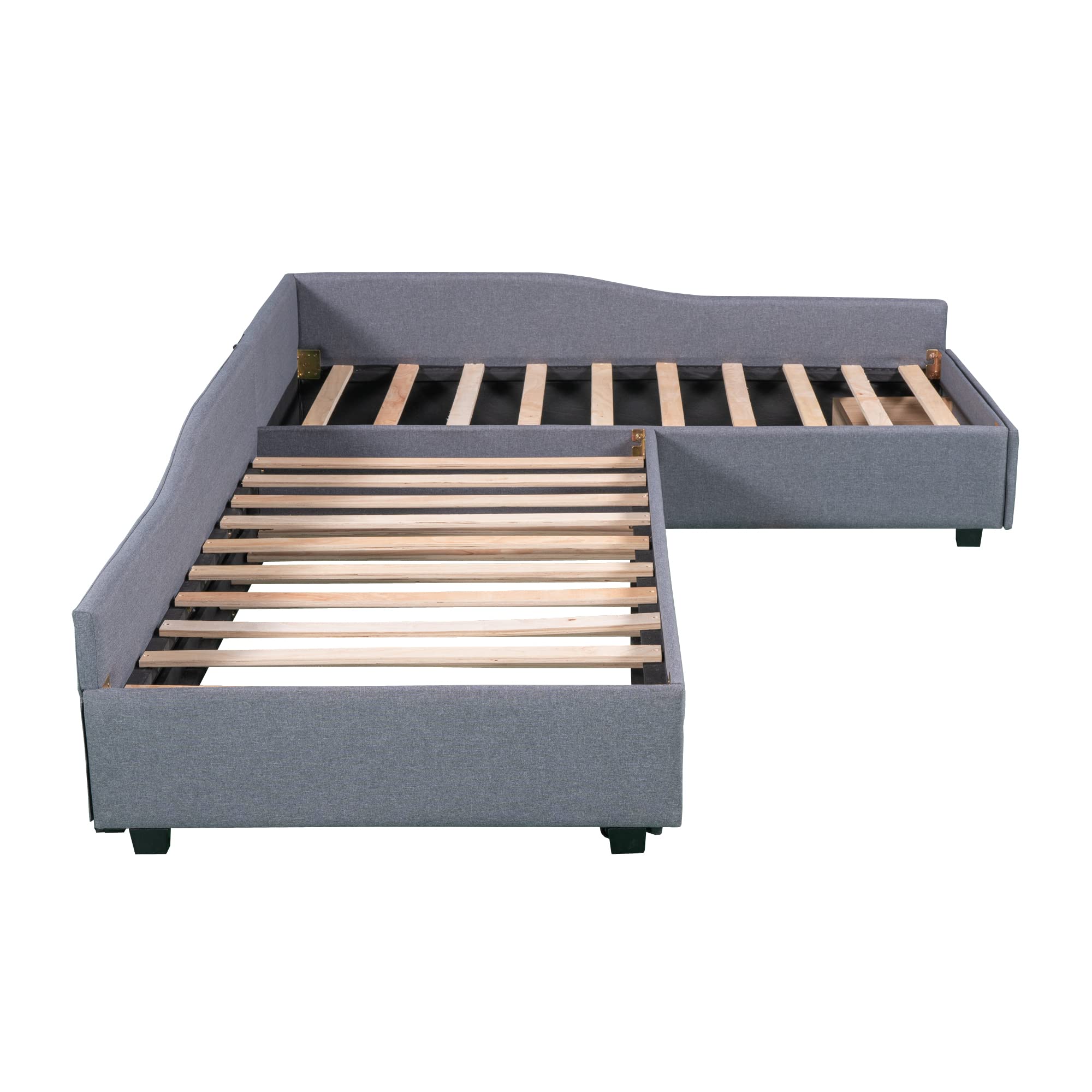 L-Shape Platform Bed Twin Size Upholstered Daybed with Trundle and Storage Drawer Linen Corner Day Bed Frame for 3 Kids Boys Girls Teens, Gray