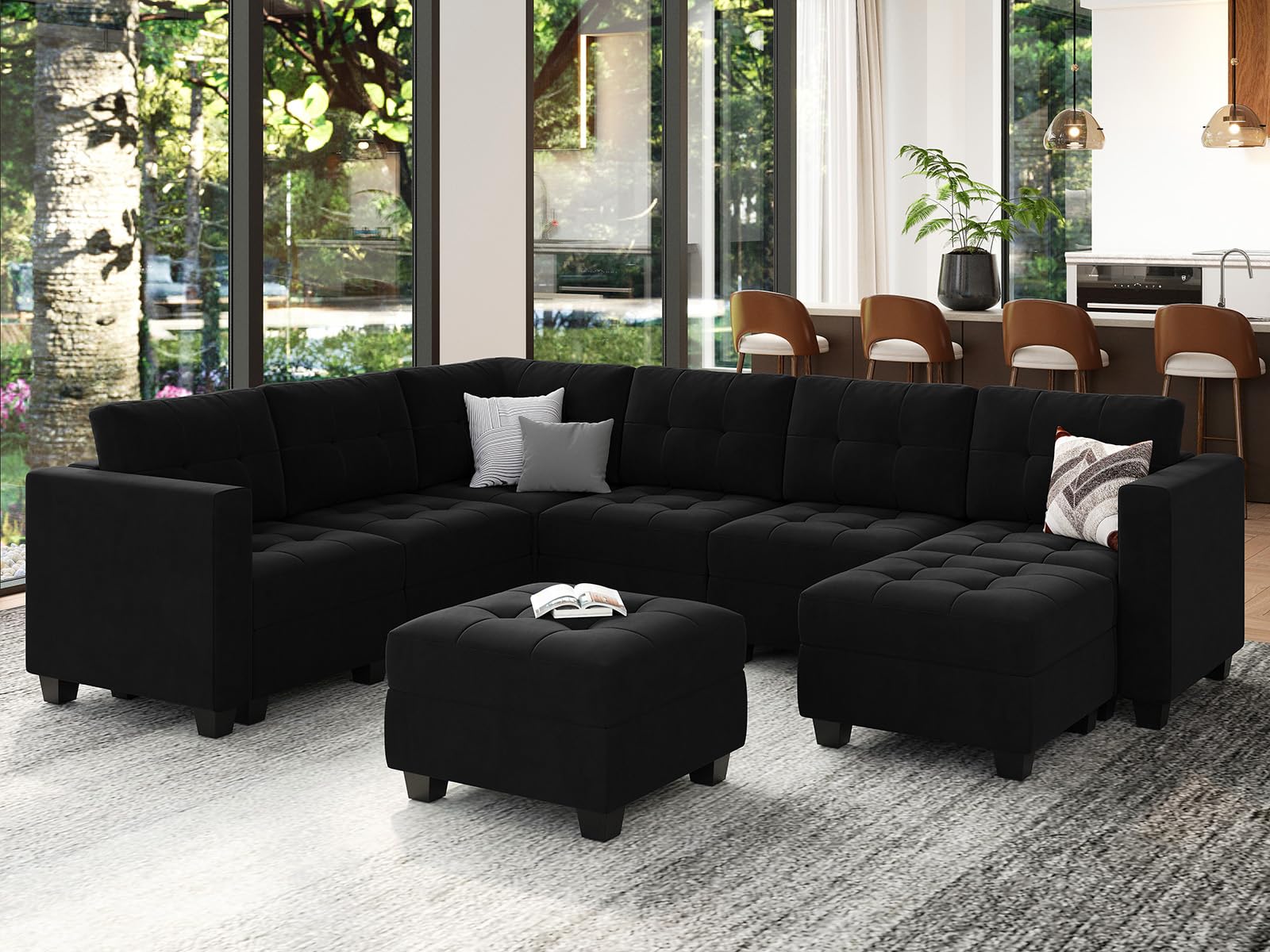 Belffin U Shaped Sectional Modular Sofa Set with Chaise, Reversible Sectional Modular Sofa Couch with Ottomans, Velvet Fabric Sectional Couch with Storage Seats,Black