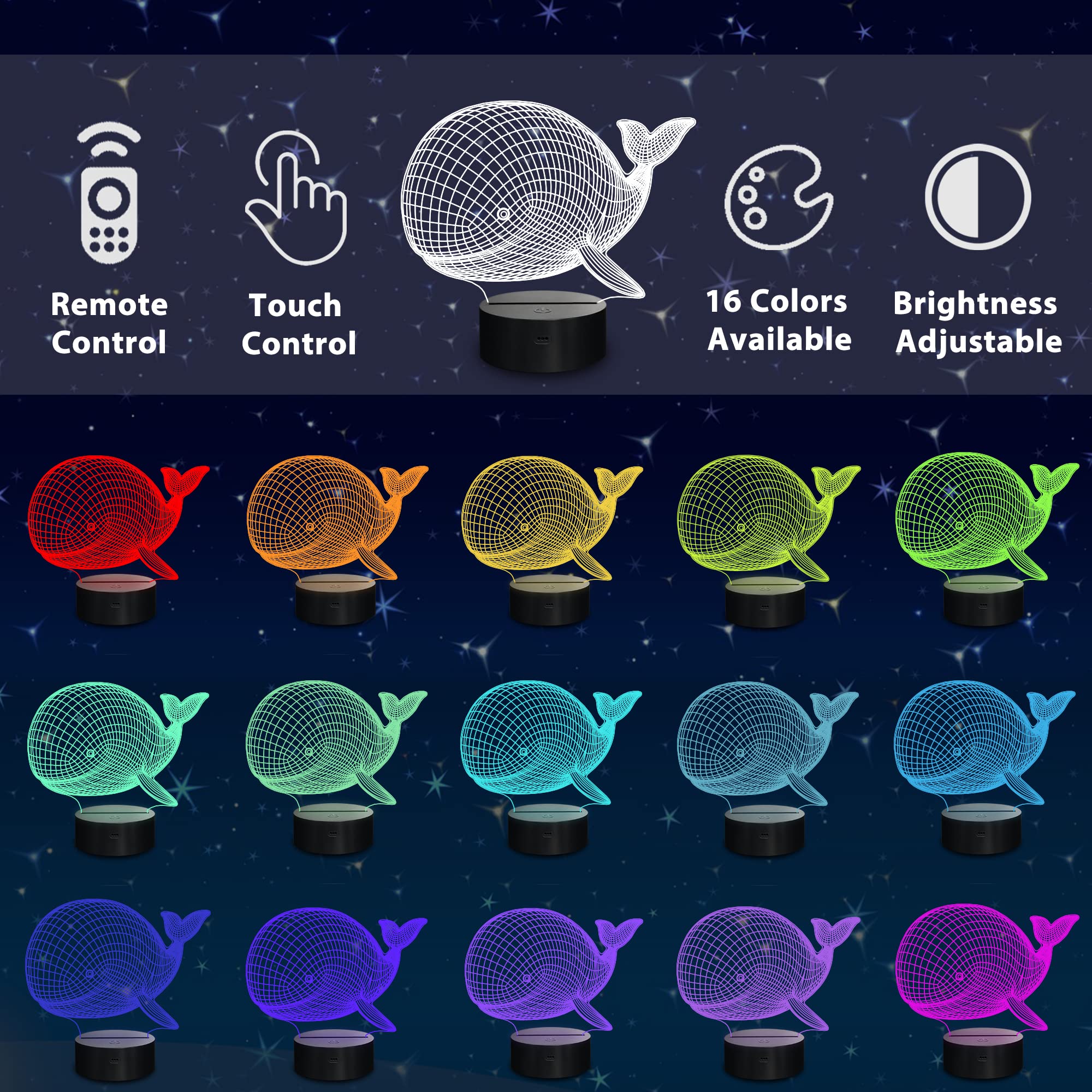 Lampeez Ocean Sea Animals 3D Lamp Kits,Dolphin, Marlin,Shark,Whale 3D Night Light for Kids (4 Patterns) with Remote Control & 16 Colors Changing & Dimmable Function & Xmas Birthday Gifts for Boy Girl