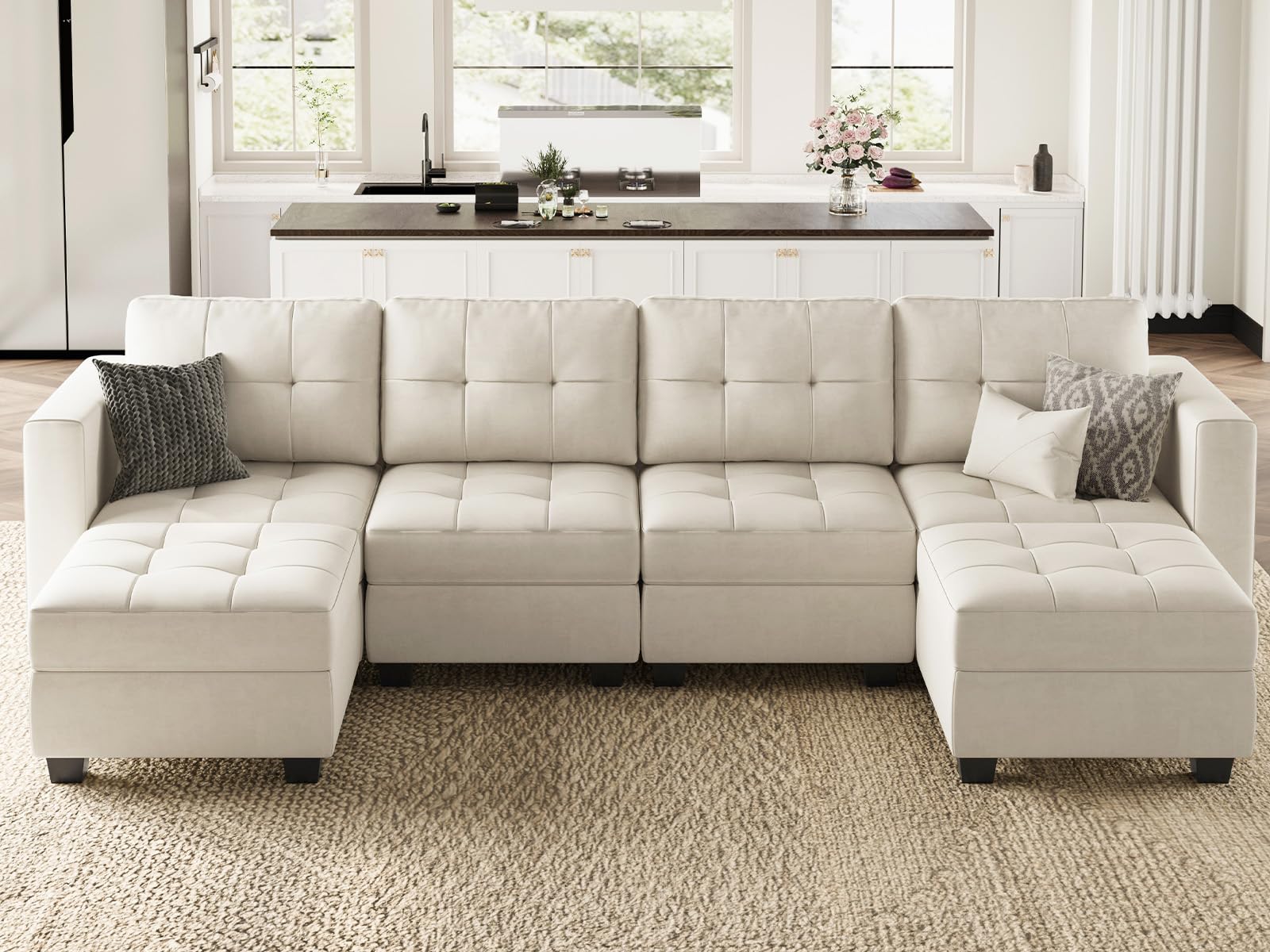 Belffin U-Shaped Modular Sectional Sofa, Modular Couch with Storage Seats, 6 Seat Convertible Sofa with Reversible Chaise, Beige