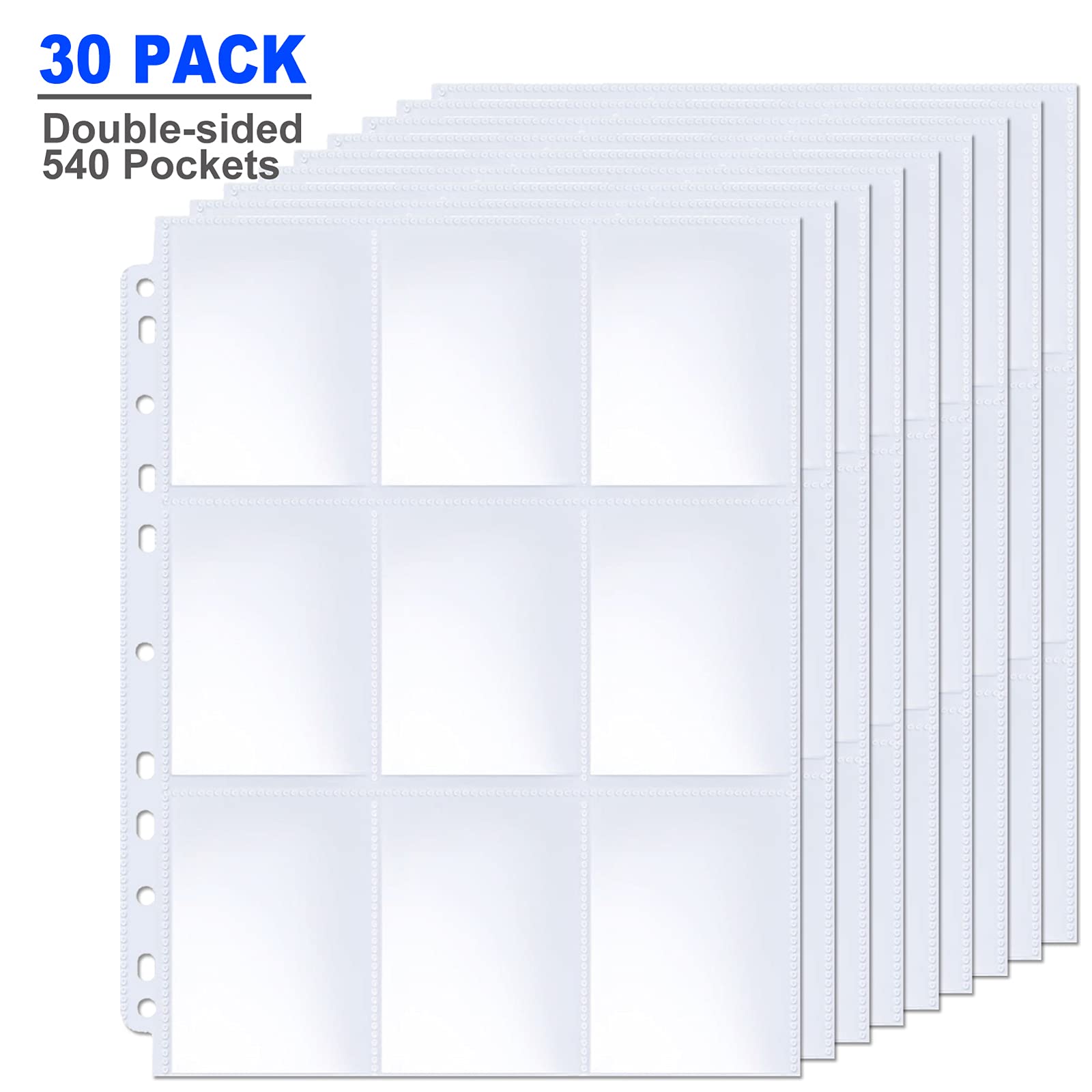 Double-Sided 540 Pockets Baseball Card Sleeves - Trading Card Sleeves Pages Fit 3 Ring Binder, 9 Pocket Page Protector for Standard Size Cards, Sport Cards, Game Cards, Business Cards(30 Pack)